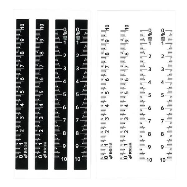 ●特長 ・身の回りの物に気軽に貼れる「ものさしシール」です。  ・0〜10までの総数字です。  ・貼って剥がせる&amp;強粘着シールです。  ・本体が透明で目盛が黒、本体が黒で目盛は白と2色あります。  ・1mm単位の目盛が見やすい階段状...