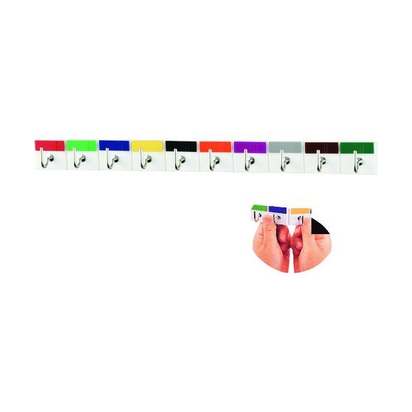 全て色の異なる10種類のキーハンガーを必要な数だけポキッと折って使えます。 用途 鍵の管理に。 取付方法:貼付タイプ(裏テープ付き)   【サイズ】 30×330mm 【重量】 100g 【入数】 1個 302100