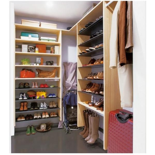 スタンダードタイプのL型ウォークスループラン 高さ設定:1981mm 背壁桟木・樹脂棚板:ダークグレー ●Bセット内容: 天板×1:E2TT-D3W19-AJ ショート側板×1:E2SG-D3H01-AJ 側板2入×1:E2TG-D3H19...