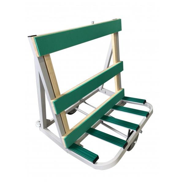 【特徴（1）】ツマミを引くだけでモタレ部分が簡単に折りたためる台車なので、現場への持ち込みが容易に出来ます。  またサイドに持ち運び用のキャスターがついているため、本体を横に持ちながら運ぶことが可能です。  【特徴（2）】底部に滑り止め、側...