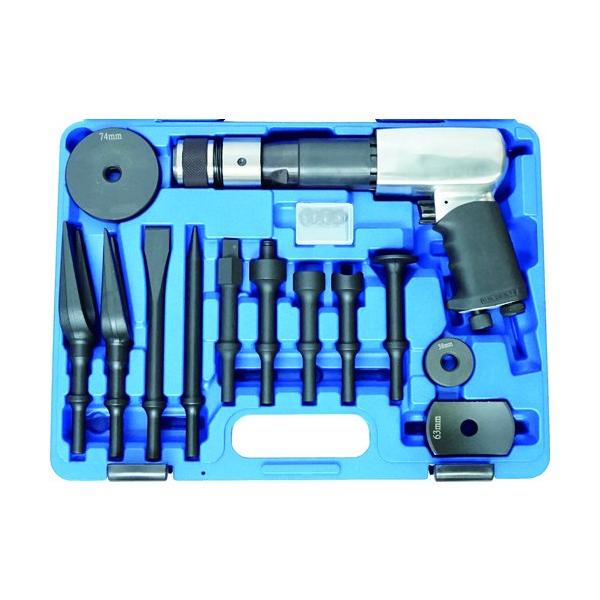 ■特徴 タイロッドエンドの取り外しやベアリングの圧入など作業ができるエアーハンマーセットです。 大、中型車のタイロッド外しおよびエアーハンマーを用いた修正作業に最適です。  ■用途 用途に合わせて先端工具を付替えて使用するエアーハンマーセッ...