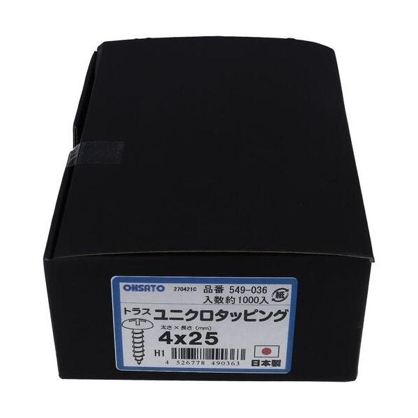 ■特長 ユニクロメッキを施したトラス頭タッピングねじです。  ■仕様 寸法(mm)d:4 寸法(mm)L:25 ユニクロメッキを施したトラス頭タッピングねじです。   【入数】 1000本 549036