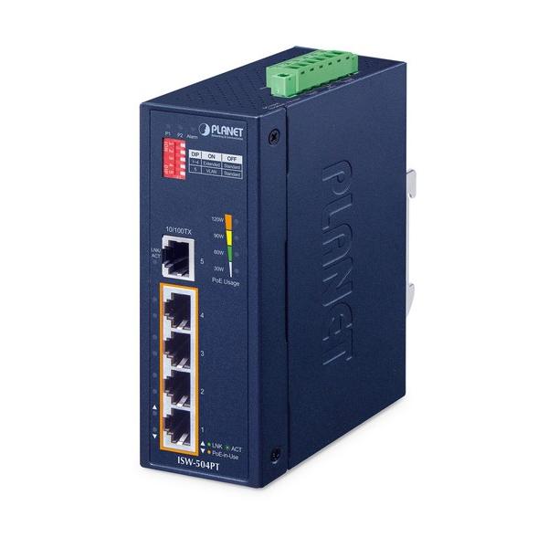 ■特徴 プラグアンドプレイ設計のISW-504PT産業グレード、DINレールタイプのアンマネージド・ファストイーサネットPoE+スイッチは、4つのIEEE 802.3at PoE+10/100BASE-TX ポートとアップリンク接続用に1つ...