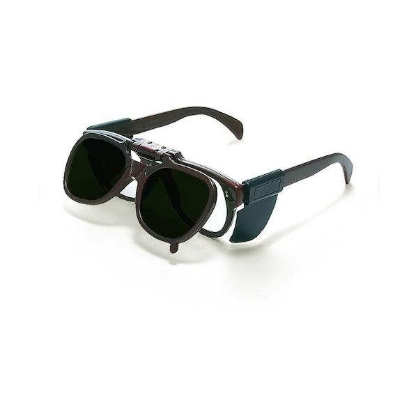 ■特徴 外側の遮光レンズは、表面硬度が高く、平面形状で傷つきにくい強化ガラス製レンズです。 遮光レンズを跳ね上げられる複式上下自在型（外:遮光レンズ、内:透明レンズ）のため、遮光メガネ以外に保護メガネとしても使用できます。 レンズの交換が可...