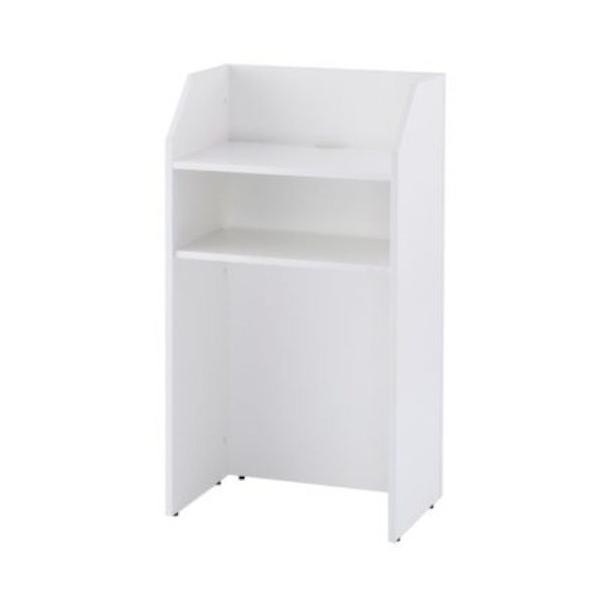 ■特徴  ●講演や演説、司会やプレゼンテーション時に活躍の演説台。   ●天板にはPCやマイク等の設置用に配線穴が開いています。   ●天板下には棚板があり、資料等が収納できます。   ●天板の耐荷重は約20kg、棚板約10Kgです。  ■...