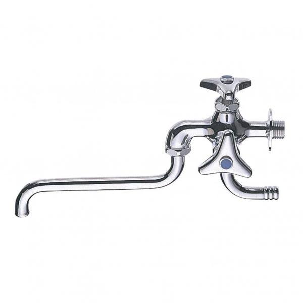 【商品説明】 散水ホース等の接続と手洗いが同時に行う事ができる便利な二口水栓 上部のハンドルで吐水口部、横のハンドルでホース接続部に吐水する 呼び13用  吐水口:PA10J-60X-16 ホース接続部:T32  【材質】 青銅  【入数】...