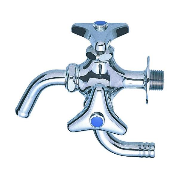 ■特徴 上部のハンドルで吐水口部、横のハンドルでホース接続部に吐水します。 2方向同時に通水できる水栓です。 吐水口は360°回転式です。  ■仕様 二口タイプ   【入数】 1台 F12A