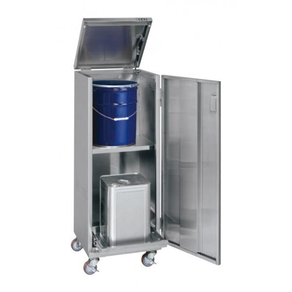 上段の収納物はガスバネで天蓋を上げることにより出し入れがスムーズにできます。 ●外寸：W425×D415×H1155mm ●均等耐荷重：60kg（棚板1枚当り） ●質量：31kg ●材質：SUS430 ●キャスター：75φナイロンウレタン車...