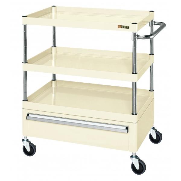 ●ボルトレスで組立簡単。 ●棚板を逆さにするだけで、皿型・フラット型と組み替えることができます。 ●エラストマー車を使用しているツールワゴンですので、ゴム車と同等の弾性を持っており床面への損傷・汚れが少なく軽量です。 弾性・耐候性・耐水性・...