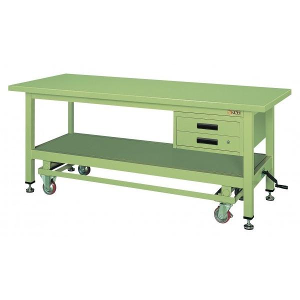 天板面に600kg積載したままラクラク昇降します。 ●外寸:W1800×D800×H740mm ●均等耐荷重2000kg ●均等耐荷重(移動時・昇降時):600kg ●カラー:サカエグリーン ●質量:125kg ●天板サイズ:1800×80...