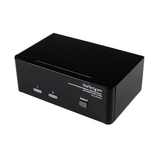 ■特長 2台のコンピューターでデュアルモニタ（DVI+VGA）を共有するKVMスイッチです。  ポートの状態を示すステータスLEDディスプレイを備えています。  オートスキャンの実行時間間隔を選択可能です。  DDC2BエミュレーションとE...