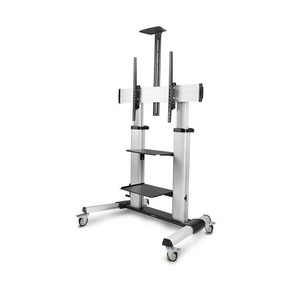 ■特徴 高耐久アルミ製キャスター付き移動式テレビスタンドです。 最大100kgまでの60〜100インチディスプレイに対応します。 直径約10cmのストッパー付きキャスターを備え、頑丈なスチールベース（1138 x 700mm）が転倒事故を防...