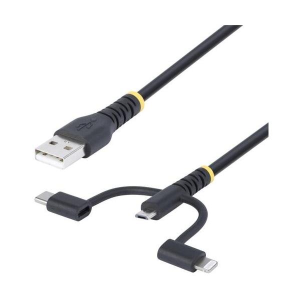 ■特徴 ライトニング、マイクロUSB、USB-Cを備えたUSB充電ケーブル。 各種Type-C、Micro-USB、Appleデバイスに対応します。 このケーブルは、一度に1台のデバイスのみ充電が可能です。 アラミド繊維で補強され、引張強度...