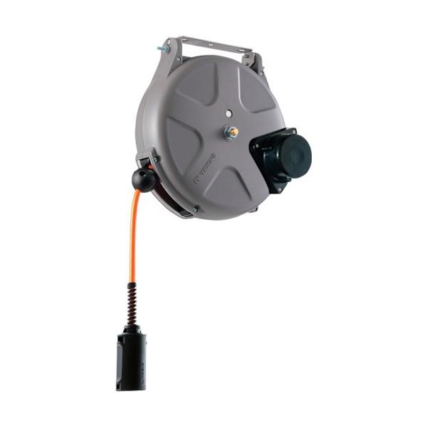 ■特徴 ゆっくり巻き戻るブレーキ機構付きで、安全性を最優先しています。 劣化やパンクの原因となるホースの折れ曲がりを樹脂スプリングが軽減します 簡単ホース交換機構（継手仕様）です。 必要に応じた首振り機能付です。(左右30°)  ■用途 空...