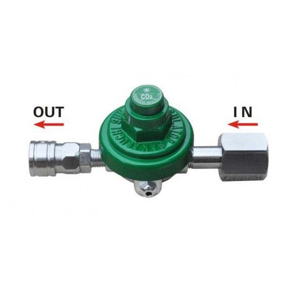 ■特徴 ●炭酸機器制御用調整器  ■仕様 ●適用ガス：炭酸ガス、窒素、酸素 ●使用範囲圧力（MPa）：設定圧力0.85MPa ●標準流量：25m3/h ●重量（kg）：1.0 ●入口ネジ寸法：W22-14（右）袋ナット ●出口ネジ寸法：エア...