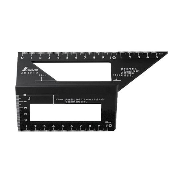 ■特徴 45°90°の角度を同時に確認できケガけます。 中窓で回り縁などに必要な15mm幅の線が引けます。  ■用途 45°90°の確認や、45°合わせのケガキ作業に。  ■仕様 強いポリカーボネート製 90°45°精度：100mmにつき0...