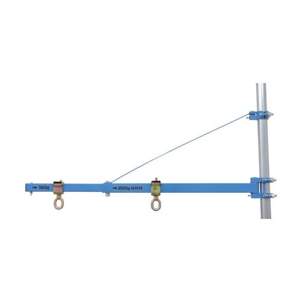 ■特徴 小型軽量ですので一人で取り付けることができます。 パイプハンガー2個付です。 吊り下げ位置を調整できます。  ■用途 ウインチ、ホイスト、滑車等の吊り下げ。  ■仕様 足場パイプ取り付け式  ■注意点 十分強度のある部分に取り付けて...