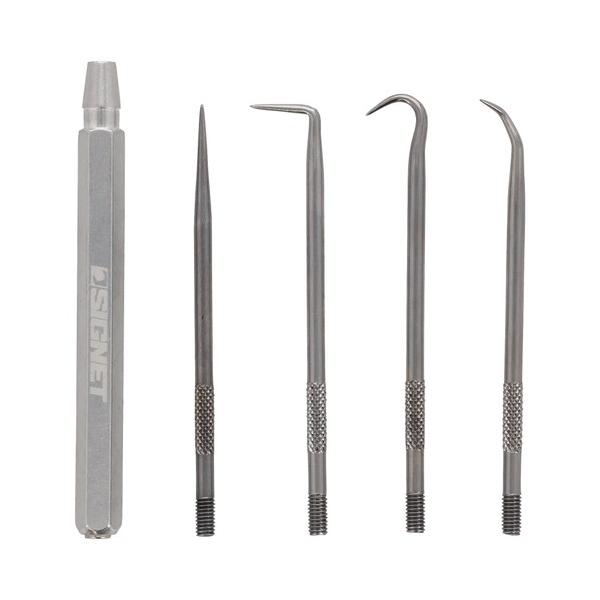 ハンドル材質:アルミ合金 軸部材質:クロムバナジウム鋼 入数:5PC 軸長:約83mm ハンドル長:約90mm 入数:5PC 差し替え式のピックツールセットです。  作業に合わせた4   【入数】 1セット 46980