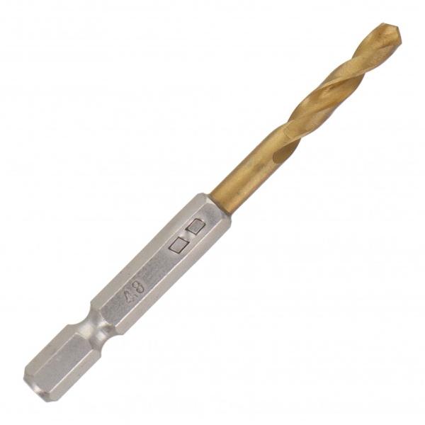 鉄工、木工、軽金属、合成樹脂などの穴あけに 刃径 4.8mm 全長 80±2mm 溝長 30±2mm 切れ味抜群:クロスシンニング加工により加工材にガッチリくい込む 作業性抜群:芯ブレが少なく折れにくい 鉄工・木工用 六角軸6.35mm 適...