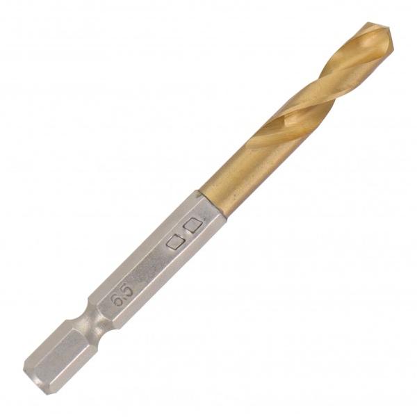 鉄工、木工、軽金属、合成樹脂などの穴あけに 刃径 6.5mm 全長 80±2mm 溝長 30±2mm 切れ味抜群:クロスシンニング加工により加工材にガッチリくい込む 作業性抜群:芯ブレが少なく折れにくい 鉄工・木工用 六角軸6.35mm 適...