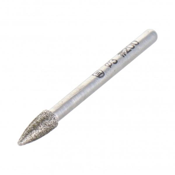 頭部形状 円錐砲弾型 頭部直径 4mm 頭部長さ 10mm 軸径 3mm 粒度 #200 クロームメッキを施し、従来のニッケルメッキに比べダイヤモンド粒の保持力と剛性を高め、高速回転に耐えうる性能の向上をはかりました。 精密研削からバリ取り...