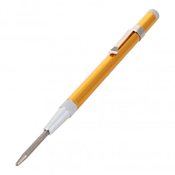 ハンマー不要 確実に打てる ！ 手間いらず ！ 全長 138mm 先端にかかる力 2〜4kg/cm2 先端軸径 3.0mm 携帯に便利なペンタイプ 超硬チップ付 片手で頭部を押さえ正確な目打ち作業ができます(ハンマー不要) グリップを回し、...