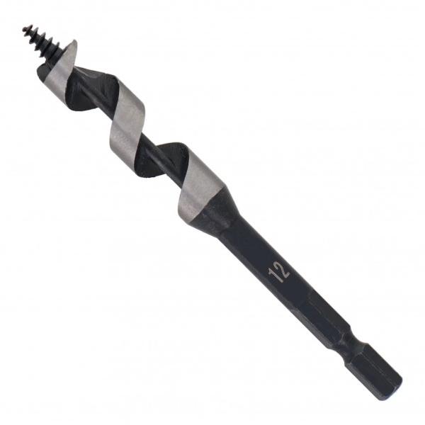 木材・合板・コンパネの穴あけに 刃径 12mm 全長 110mm 溝長 60mm 軸径 6.35mm(六角軸) ドリル刃先端が喰い込みの良いらせん状だから、素早く穴あけができる。 加工面の仕上げがきれい。 適応機種 電動ドリル ドリルドライ...