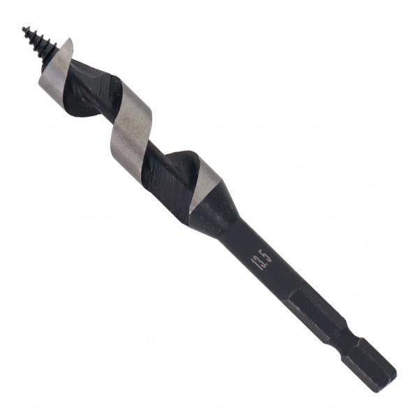 木材・合板・コンパネの穴あけに 刃径 13.5mm 全長 110mm 溝長 60mm 軸径 6.35mm(六角軸) ドリル刃先端が喰い込みの良いらせん状だから、素早く穴あけができる。 加工面の仕上げがきれい。 適応機種 電動ドリル ドリルド...