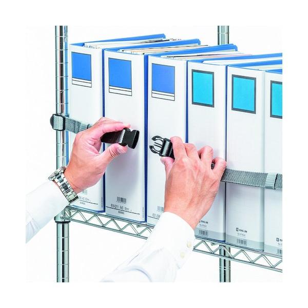 ■特徴 オープン棚に収められた書類、ケースなどの収納物の落下を防止するベルトです。 オープン棚の支柱に巻き付けるだけの簡単設置でパイプ型支柱にも対応します。 滑り止め加工済みなので、巻きつけたベルトのズレ落ちがありません。 ベルトは着脱バッ...