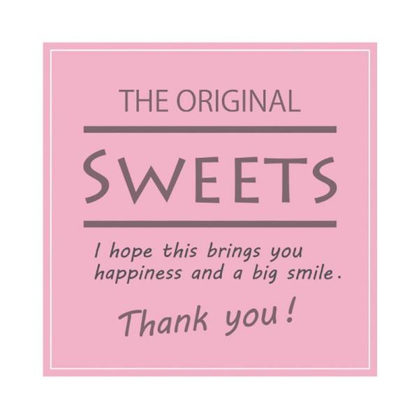 焼き菓子やプリン、ドリンクのカップなど、スイーツ全般にお使いいただけるシールです。 カフェにもぴったり！ 90枚入（6枚×15シート）【印字内容】「THE ORIGINAL SWEETS」「I hope this bring you hap...