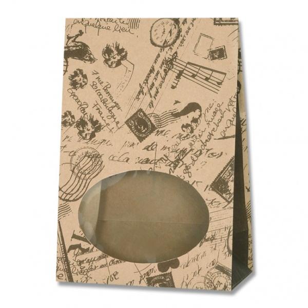 外から中身が見えます。 お菓子や小さめギフトにお勧めの窓付き紙袋です。 サイズ幅120×マチ65×高175mm/窓のサイズ:幅90×高61mm   【カラー】 コラージュブラウン 【入数】 50枚 004081100