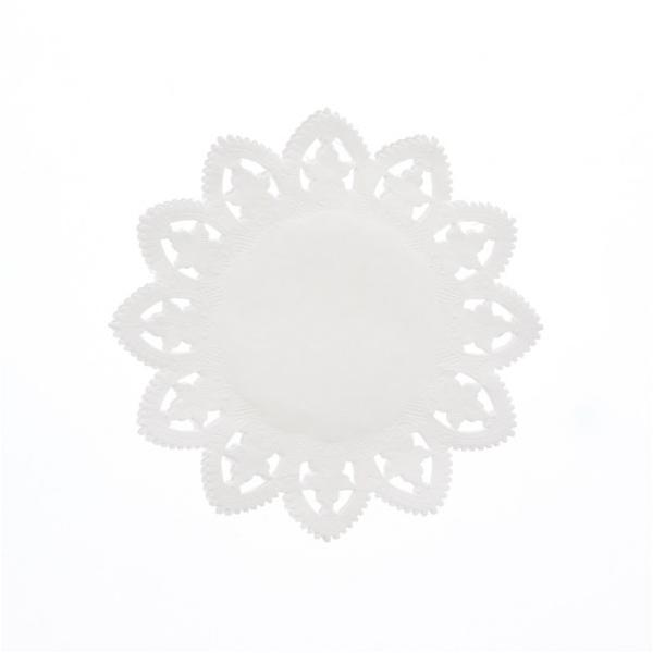 紙をレース模様に切り抜いたレースペーパーです。 ケーキやお菓子、サンドイッチなどをのせたり、敷き紙として使うと手軽に高級感がアップできます。   【サイズ】 150×150mm 【カラー】 白 【入数】 100枚 004716006