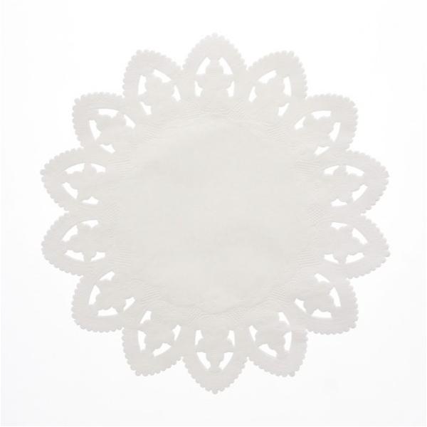 紙をレース模様に切り抜いたレースペーパーです。 ケーキやお菓子、サンドイッチなどをのせたり、敷き紙として使うと手軽に高級感がアップできます。   【サイズ】 247×247mm 【カラー】 白 【入数】 100枚 004716010