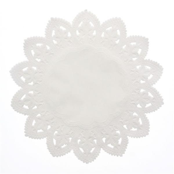 紙をレース模様に切り抜いたレースペーパーです。 ケーキやお菓子、サンドイッチなどをのせたり、敷き紙として使うと手軽に高級感がアップできます。   【サイズ】 272×272mm 【カラー】 白 【入数】 100枚 004716011