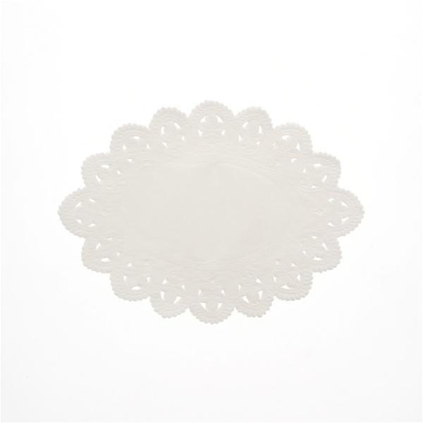 紙をレース模様に切り抜いたレースペーパーです。 ケーキやお菓子、サンドイッチなどをのせたり、敷き紙として使うと手軽に高級感がアップできます。   【サイズ】 250×185mm 【カラー】 白 【入数】 100枚 004716040