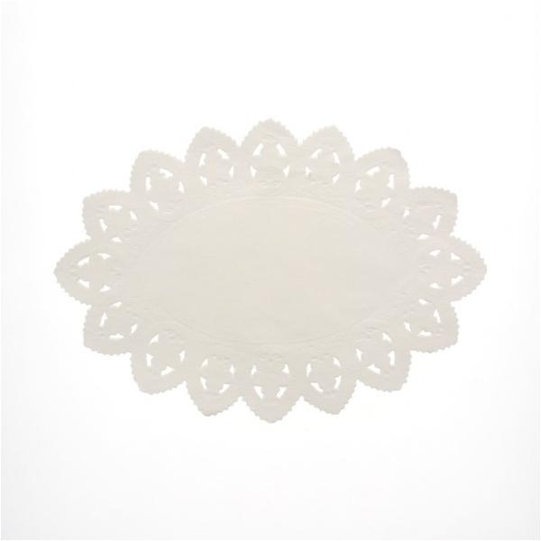 紙をレース模様に切り抜いたレースペーパーです。 ケーキやお菓子、サンドイッチなどをのせたり、敷き紙として使うと手軽に高級感がアップできます。   【サイズ】 353×248mm 【カラー】 白 【入数】 100枚 004716044