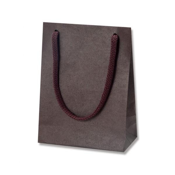 ギフトにおすすめの小型の紙袋です。 アクセントに持ち手の色を本体の色とかえています。 口ボール・底ボール付手紐:アクリル紐   【サイズ】 120×マチ70×165mm 【カラー】 ブラウン 【入数】 10枚 005350005