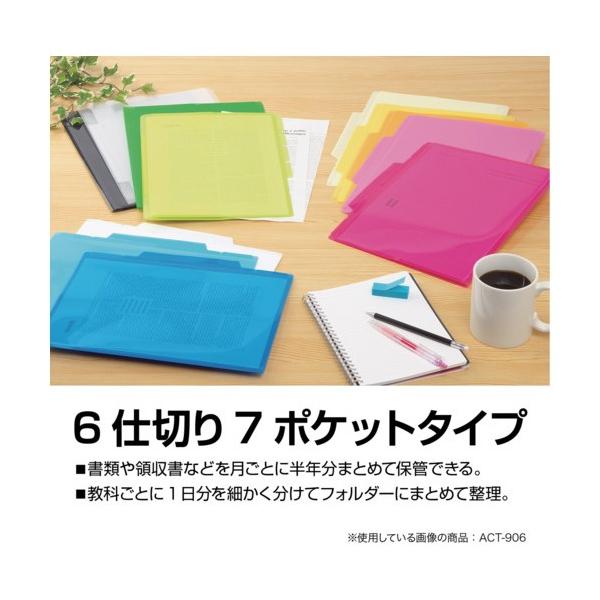 中仕切りで書類を簡単分類、1つのフォルダーにまとめて整理。 書類や領収書などを月ごとに半年分（予備1ポケット）を保管。 その日の教科ごとに1日分を分類保存したり、同じ案件に関する資料などを、細かく分けて1つのフォルダーにまとめて整理。 書類...