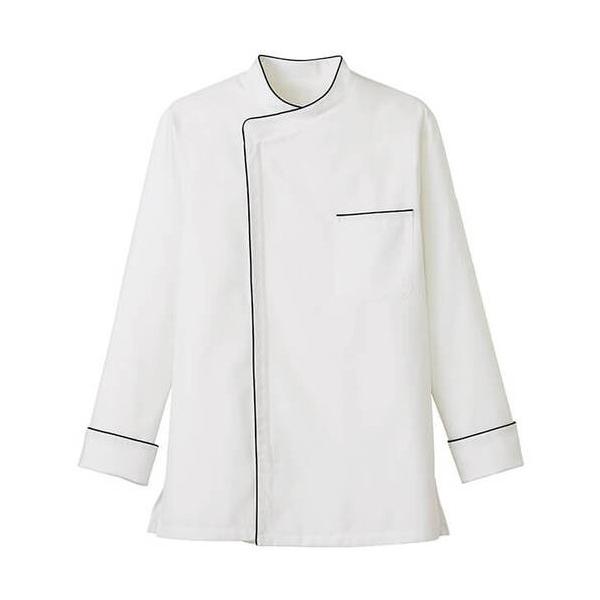 ■特徴 同色のテープと釦のアクセントがスマートな印象に。 ホワイトを基調としたコックコート型。 ■用途 接客、オールジャンルの飲食店向けユニフォーム ■仕様 比翼ファスナー開閉式 左胸ポケット 左袖ペン挿しポケット 裾脇スリット ■材質 交...