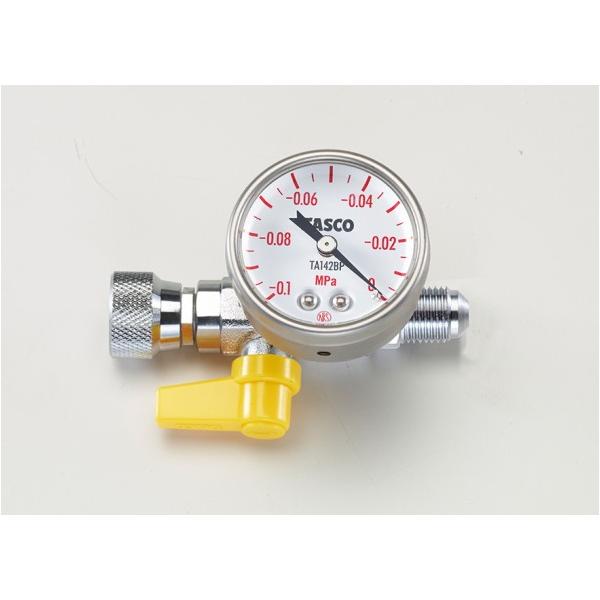 ■真空計…40φ TA142BP＝0〜-0.1MPa(0〜-760mmHg) ■ボディ… 5/16″フレアメス(ポンプ側)×5/16″フレアオス (ポート側)、気密用バルブ付 ■アダプタ…5/16″フレアメス×1/4″フレアオス(TA159...