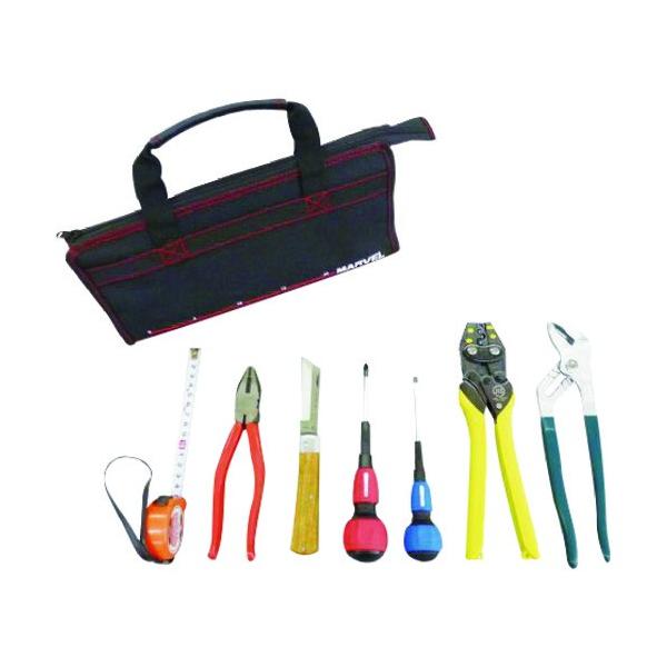 ■特徴 1・2種技能試験対応。  ■セット内容 圧着工具（リングスリーブ用）　、ウォーターポンププライヤー、ソフトグリップドライバーj k　、ペンチ、メジャー（13mm巾×2m）　、電工ナイフ   【入数】 1点 TA710DG