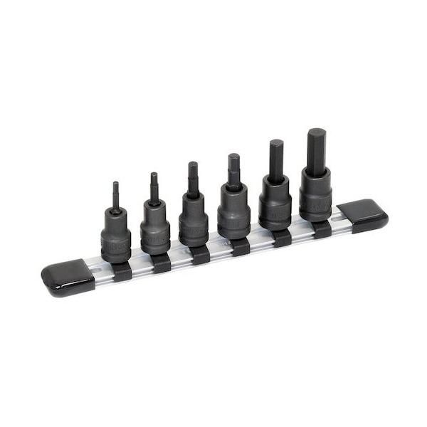 インパクトレンチなどの動力工具用でも使用できます。 ソケットの取り外しが容易なアルミタイプのソケットホルダで作業効率がアップします。 用途 六角穴付きボルト・ねじの締付け、緩め作業用。 差込角(mm):9.5 セット内容(点):6 ソケット...