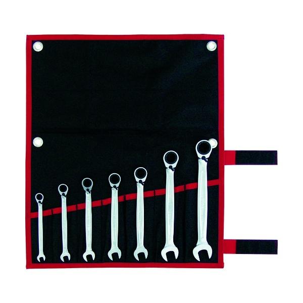 切り替えレバーにより容易に正逆の切り替えが可能です。 ラチェットめがね側は13°オフセットです。 コンビネーションラチェットレンチ 切り替えタイプ セット内容(mm):8、10、12、13、14、17、19 セット内容(点):7 タイプ:布...