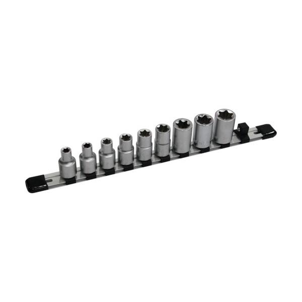 E型トルクス?ソケットです。 自動車整備に最適です。 差込角(mm):12.7 セット内容(点):9 呼びNo.:E10、E11、E12、E14、E16、E18、E20、E22、E24 セット内容 ソケット:4TX-E10、E11、E12、...
