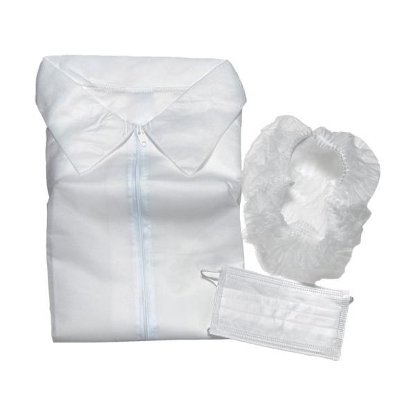 ■特長 使いきりの不織布白衣にヘアキャップと3層式簡易マスクがセットされた便利な商品です。  白衣前面はファスナー式になっていますので、着脱しやすくなっています。  白衣の袖口にはゴムが入っています。  服の上からの着用を見越してゆったりし...