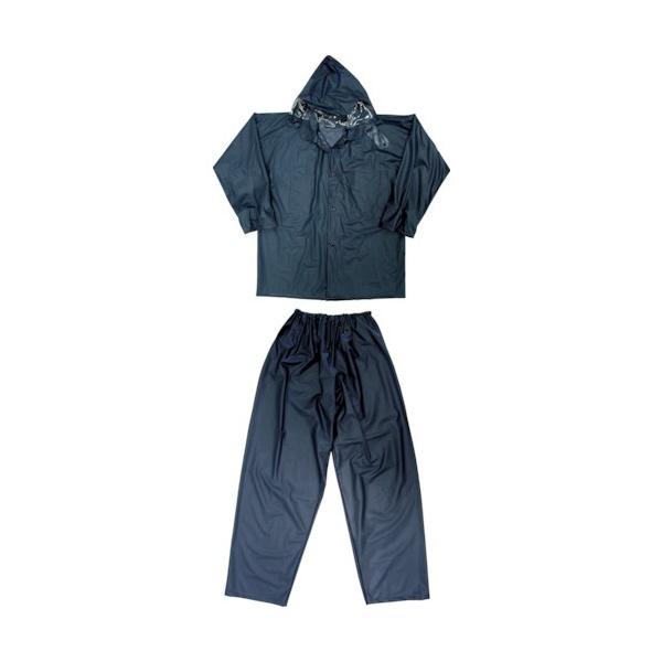 ■特徴 防水性に優れた廉価版レインスーツです。  ■用途 作業・農作業などの簡易な用途向き。  ■仕様 上下スーツタイプ 雨の浸入を防ぐ二重袖 前開きボタン付  ■材質 ポリ塩化ビニール（PVC）100%●ホック：プラスチック ●色:ネイビ...