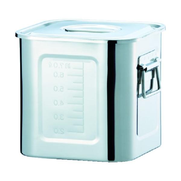 ■特徴 フタの裏に引っ掛け金具が付いていますので、フタの置き場を必要としません。  ■用途 保管容器。  ■仕様 フタ付 目盛付  ■材質 ステンレス（SUS304） ●容量(L):8.60 ●有効内寸(mm)幅×奥行×高さ:210×210...