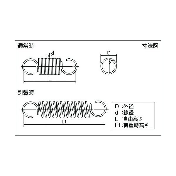 ■特徴 線材に一定のテンションを掛け密着に巻き、両端をフックとして起こしたばねです。 引っ張る方向に使用するばねです。 寸法およびばね特性の許容差はJIS B2704の2級を適用しています。  ■仕様 使用温度範囲：110℃以下  ■材質 ...