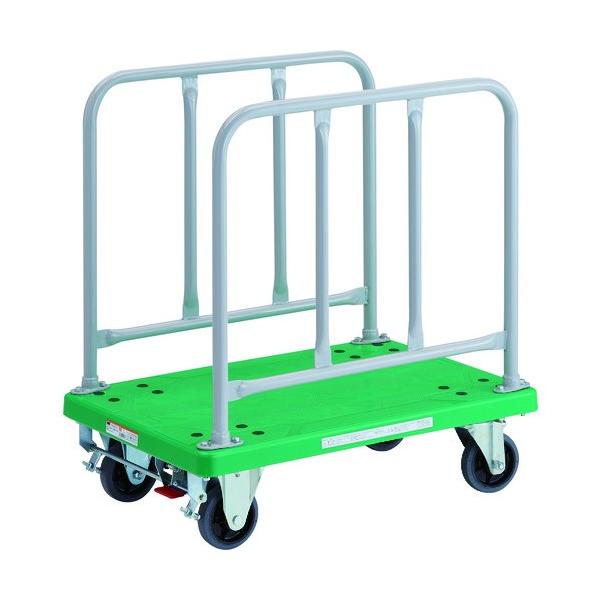 ■特徴 両サイドのハンドルにより長尺物を運搬できます。 堅牢なリブ構造で耐久性に優れた樹脂台車です。 再生ポリプロピレン樹脂を使用し環境に配慮した台車です。 タイヤ痕の付きにくいグレーゴムを使用しています。 ストッパーを踏み込むとブレーキが...