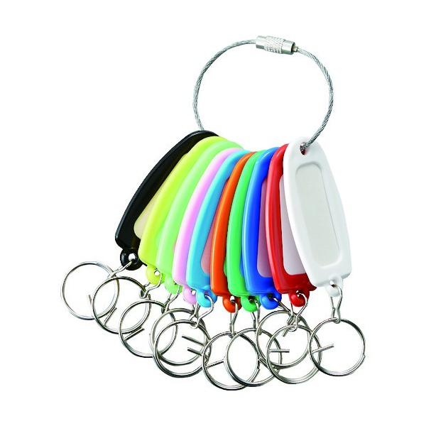 ■特徴 鍵の集中管理に便利なキーワイヤータイプです。 １０色展開で、さまざまな鍵を一括管理しながら、一目で見わけることができます。 鍵や小物の管理に便利です。 リングの先端が内側に曲がっており、つけ外しに便利です。 文字が書けるシート付です...